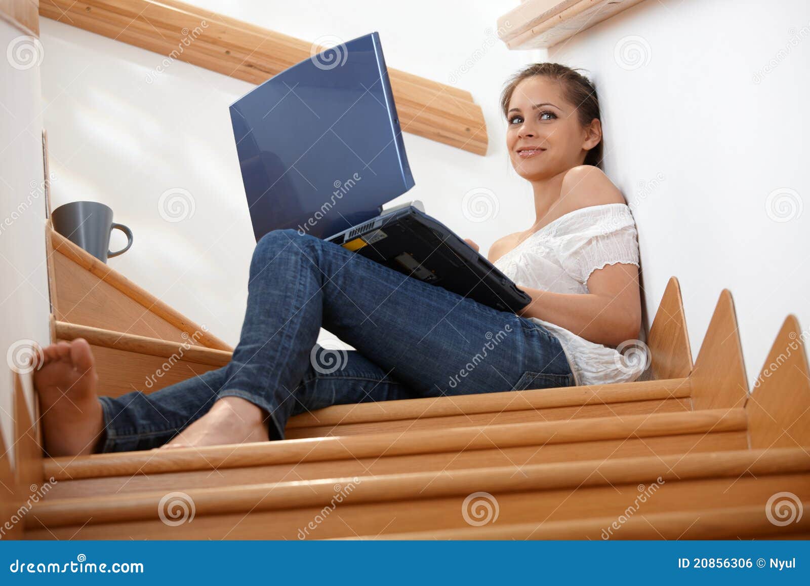 Attractive Girl with Computer at Stairs Stock Photo - Image of laptop ...