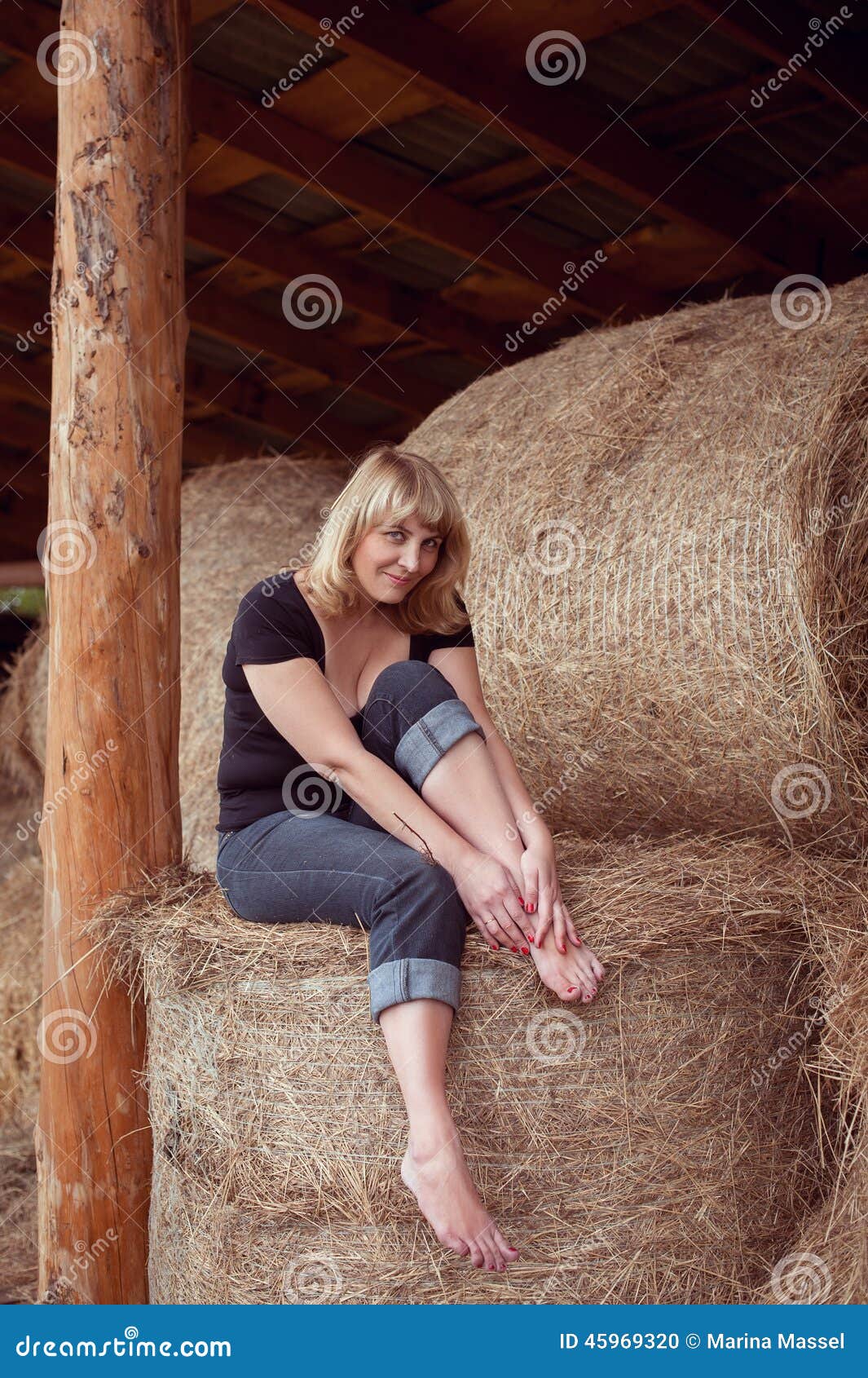 Attractive girl in hay stock photo. Image of dress, milk - 45969320