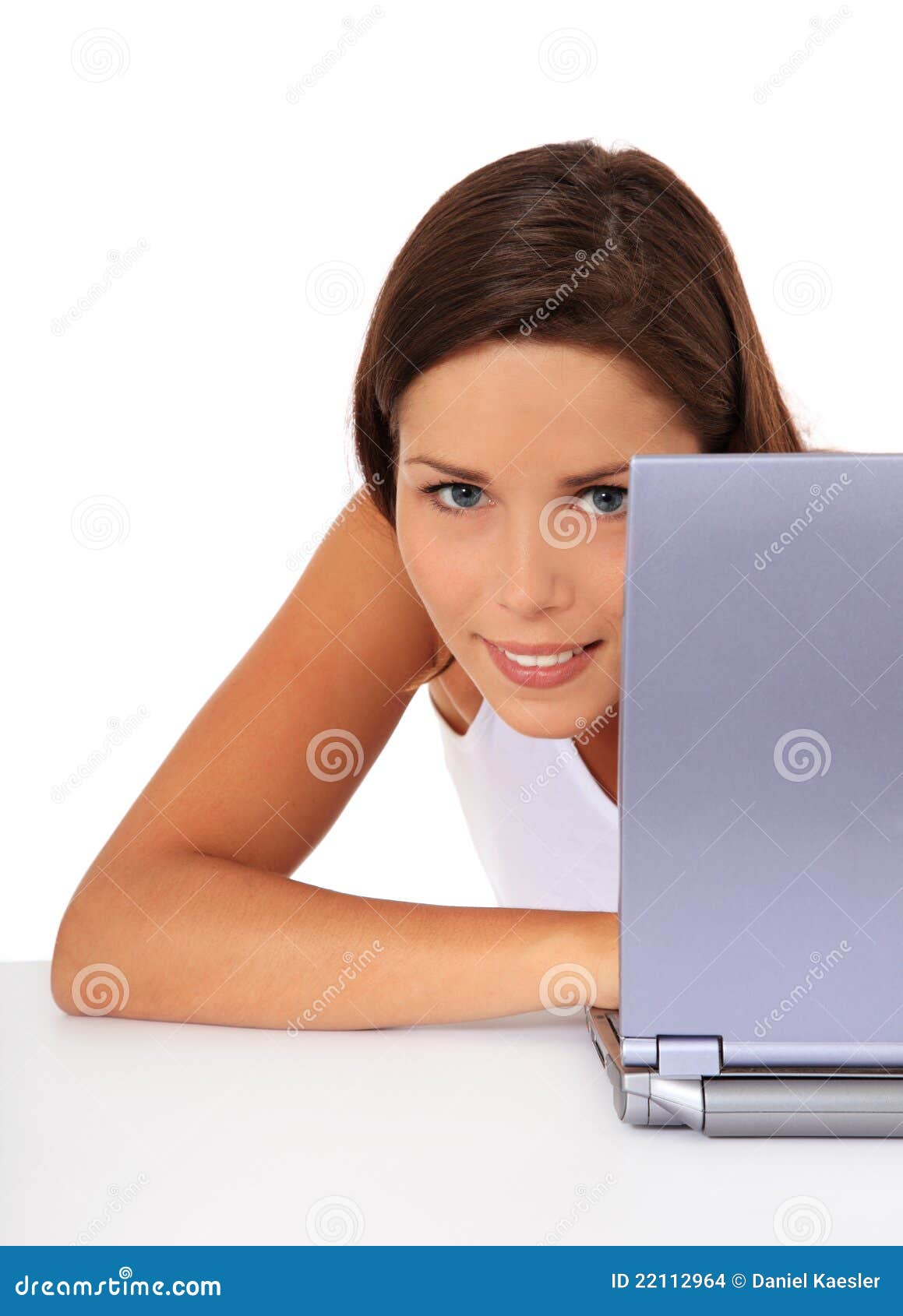 Attractive Girl Hiding Behin Laptop Stock Photo - Image of youth ...