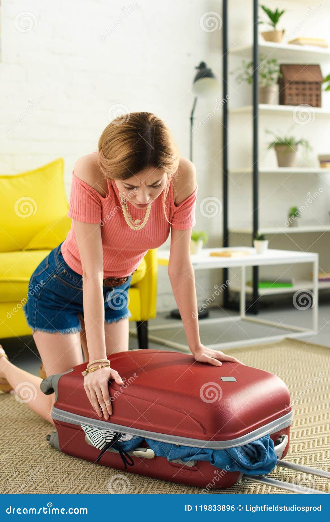 Attractive Girl Packing Suitcase Stock Photo - Image of beautiful, home ...