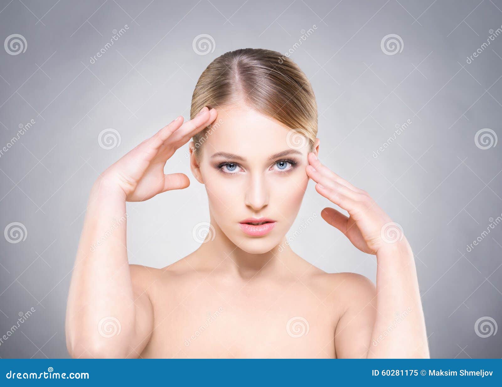 Attractive Girl Touching Her Temple and Head with Hands Stock Image ...