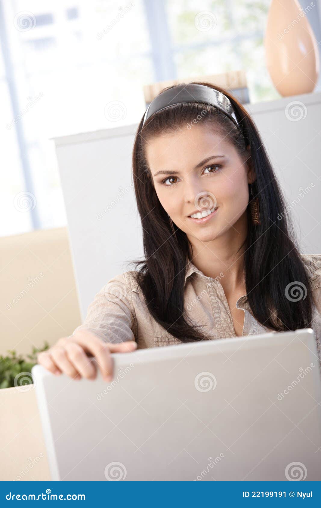 Attractive Girl Using Laptop Smiling Stock Image - Image of caucasian ...