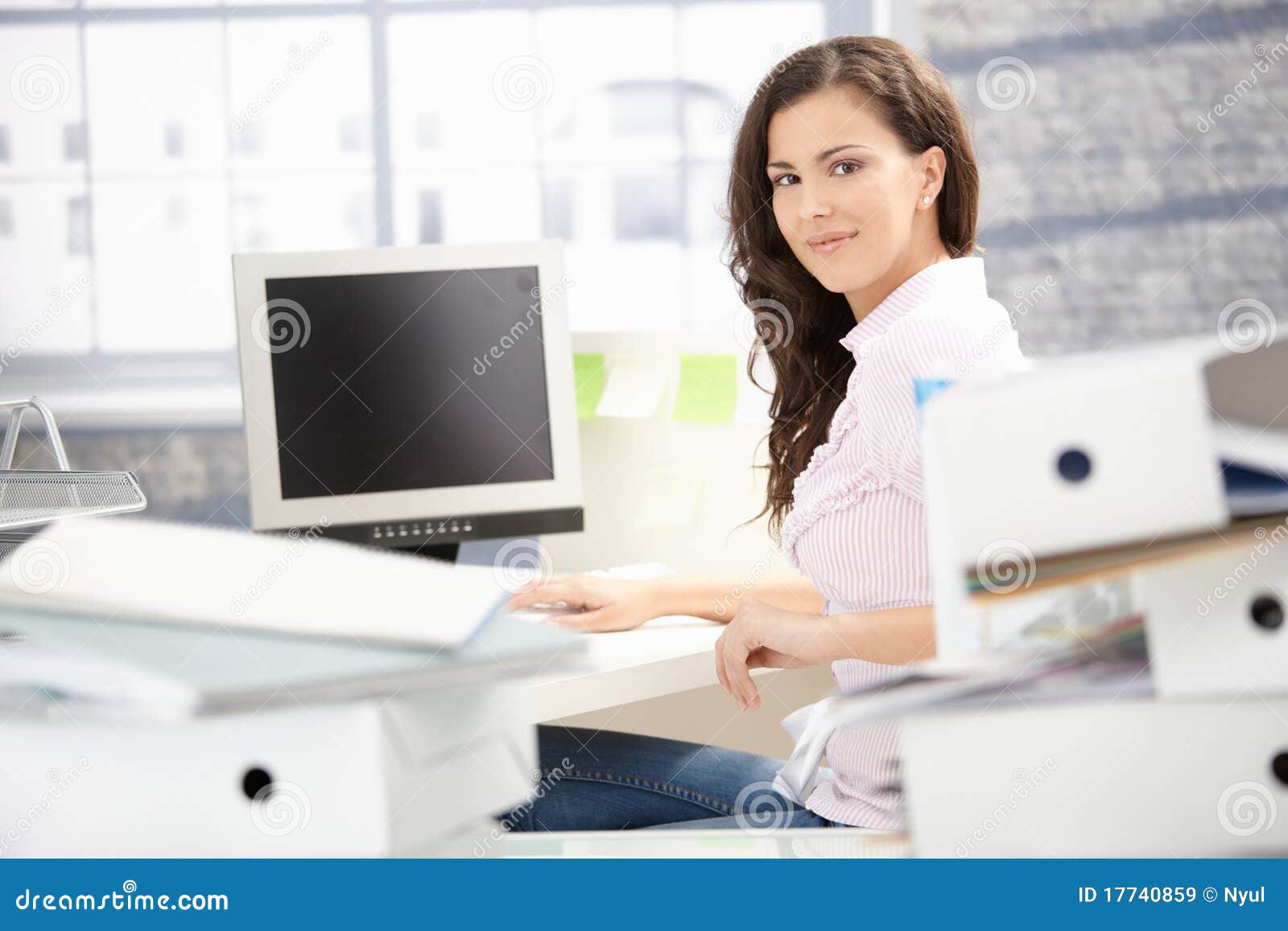Attractive Girl Working in Bright Office Smiling Stock Image - Image of ...