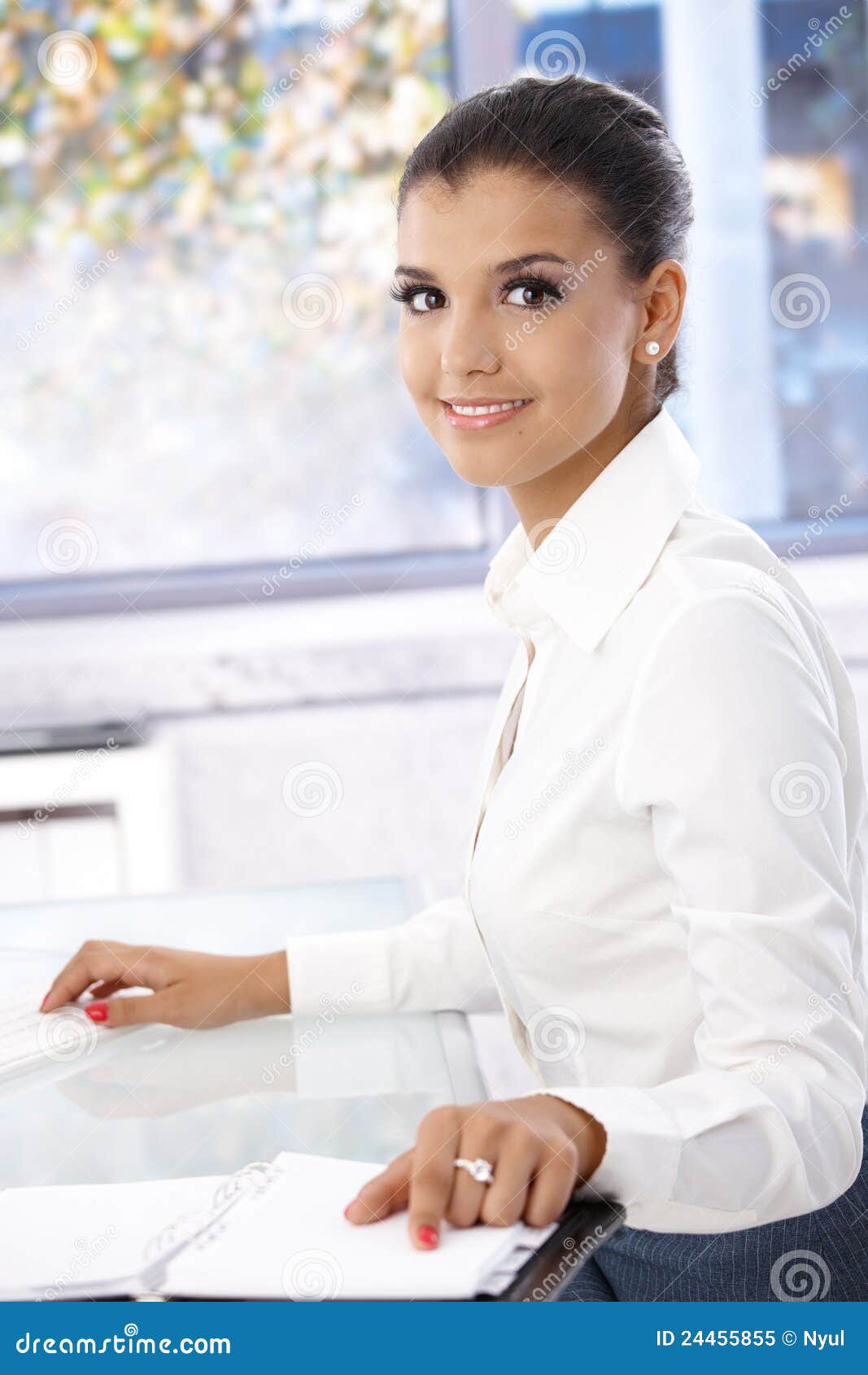 Attractive Girl Working in Office Smiling Stock Image - Image of ...