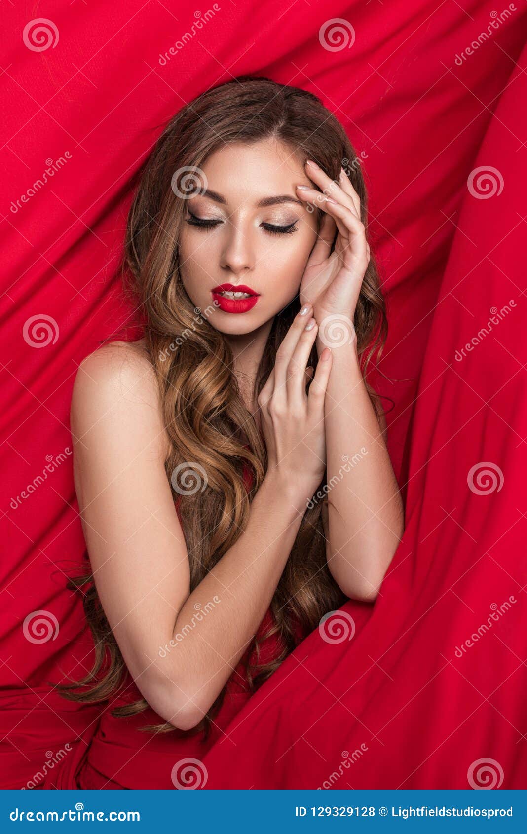 Attractive Glamorous Woman Posing on Red Stock Photo - Image of beauty ...
