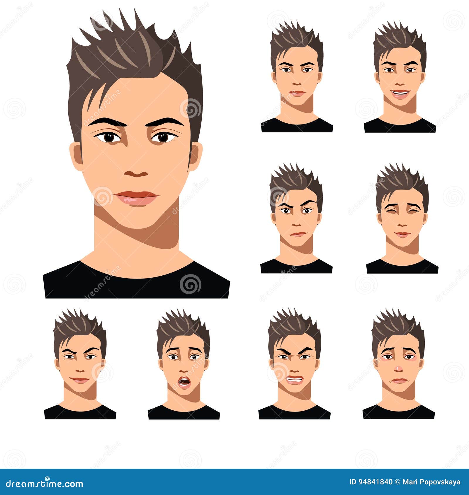 Attractive Haired Young Man On Different Face Expressions Collection ...