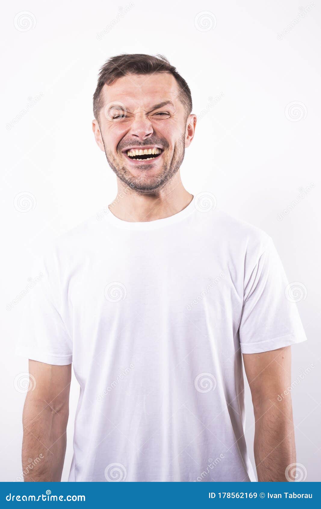 Attractive Happy Man Smiles Joyfully Broadly White Background Human