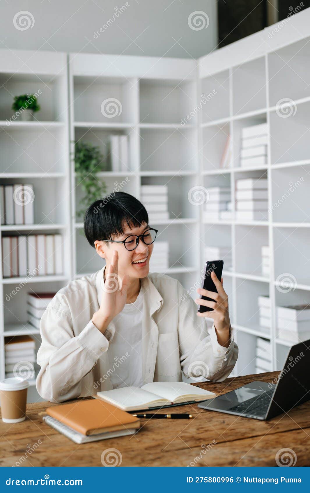 Attractive Happy Young Asian Student Studying at the College Library ...