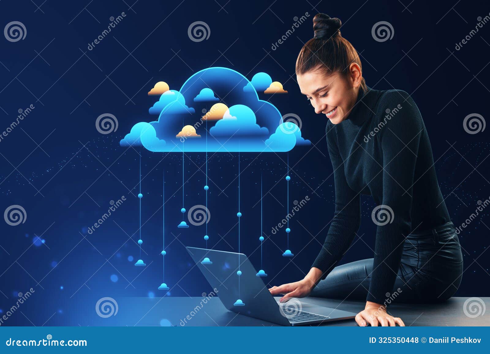 Attractive Happy Young Woman Sitting and Using Laptop with Creative ...