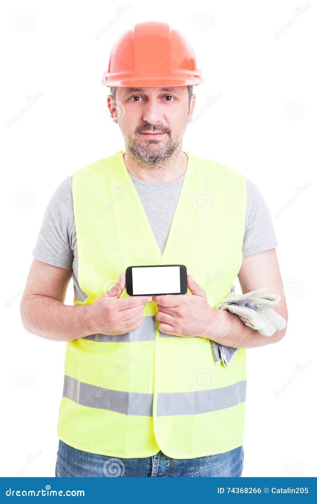 Attractive Male Constructor Showing Phone with Empty Screen Stock Photo ...