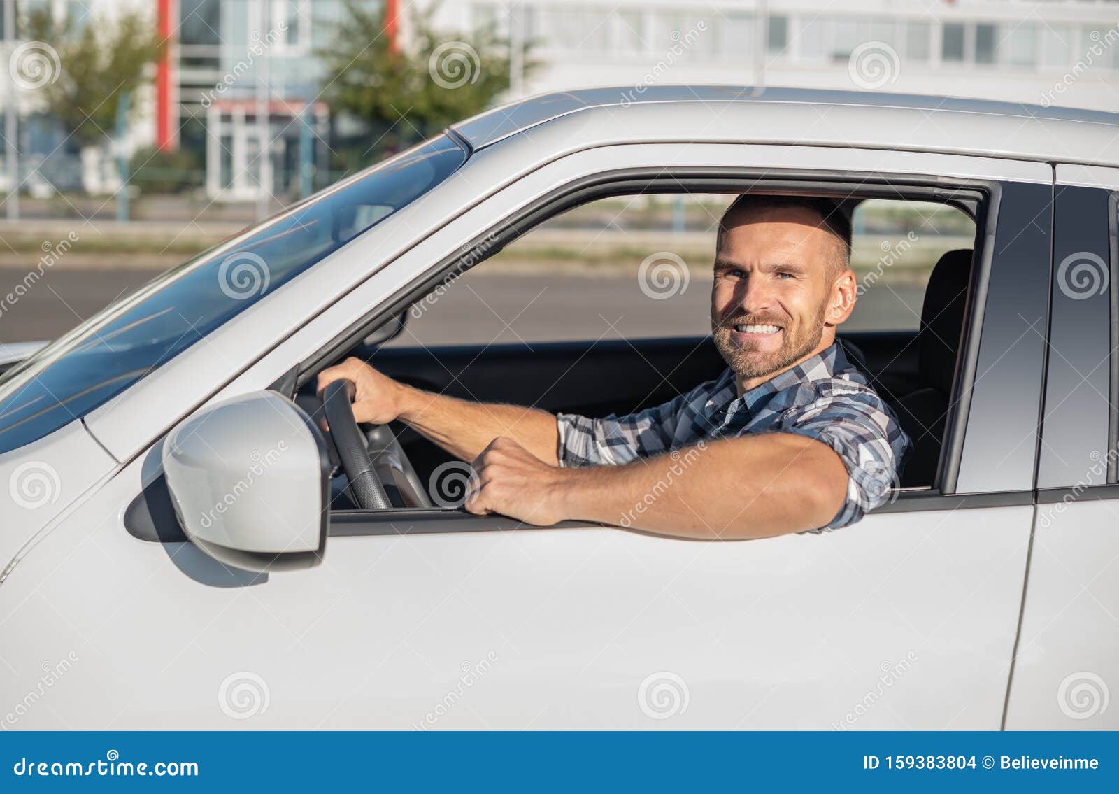 Attractive Man Driving a White Car. Stock Photo - Image of drive ...