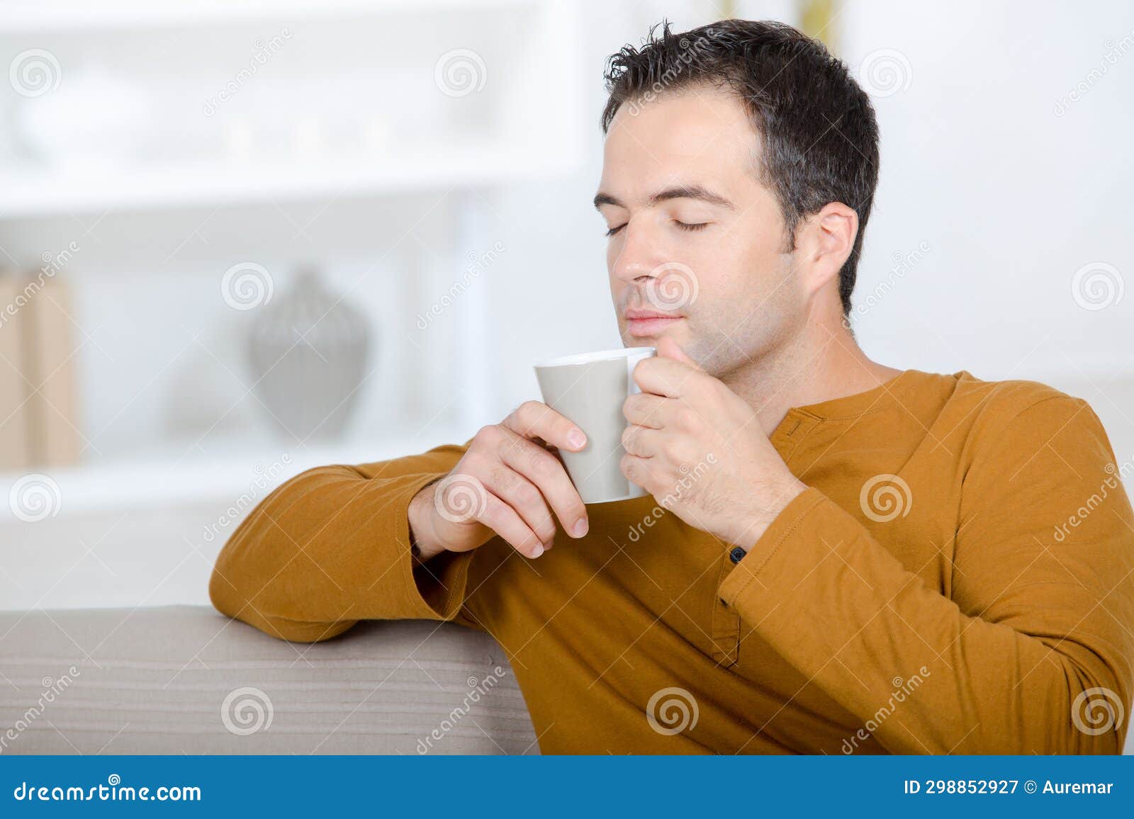 Attractive Man Enjoying Smell Coffee Stock Image - Image of serene ...