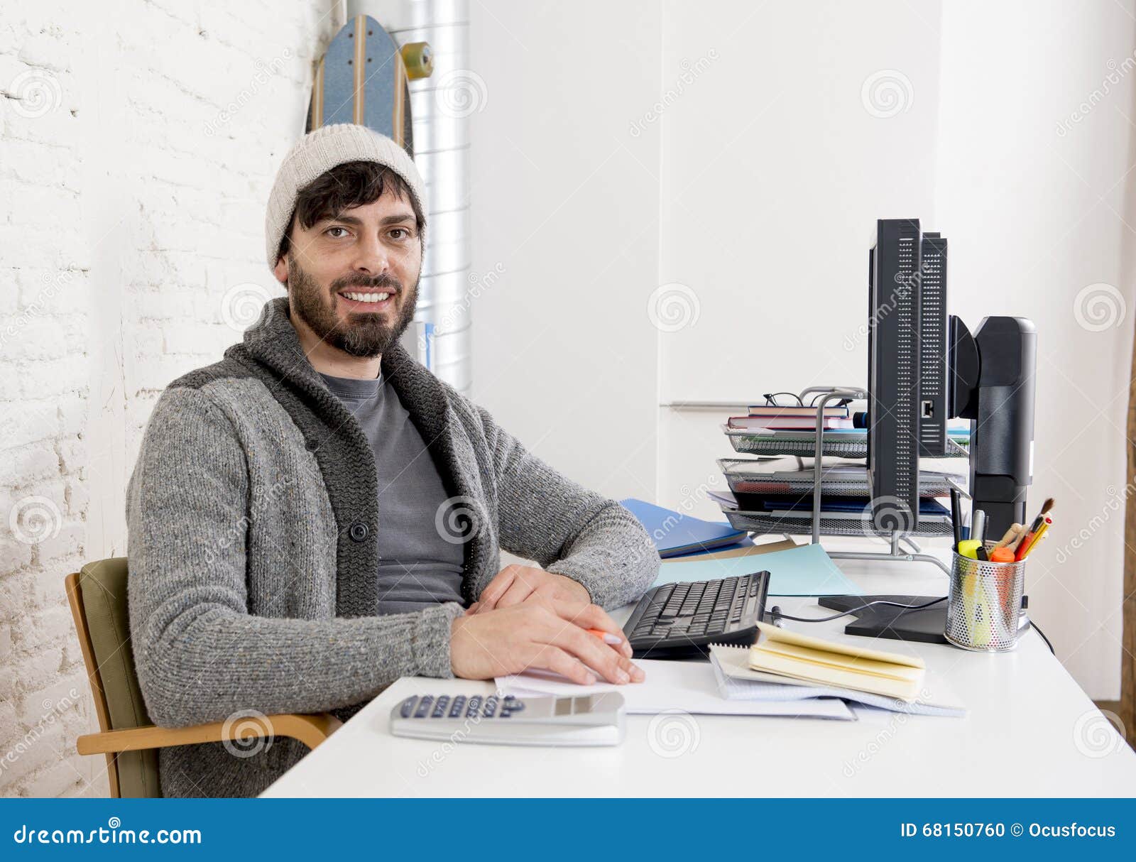 Attractive Man In Hipster Beanie Businessman Working Happy At Office