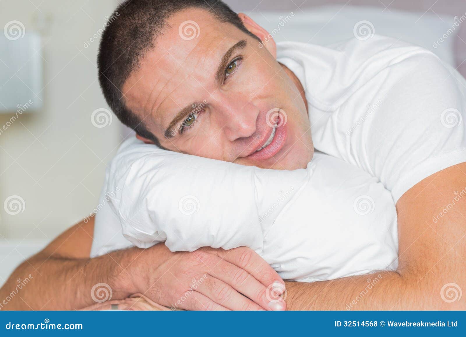 Attractive Man Hugging His Pillow Stock Photo - Image of adult, calm ...