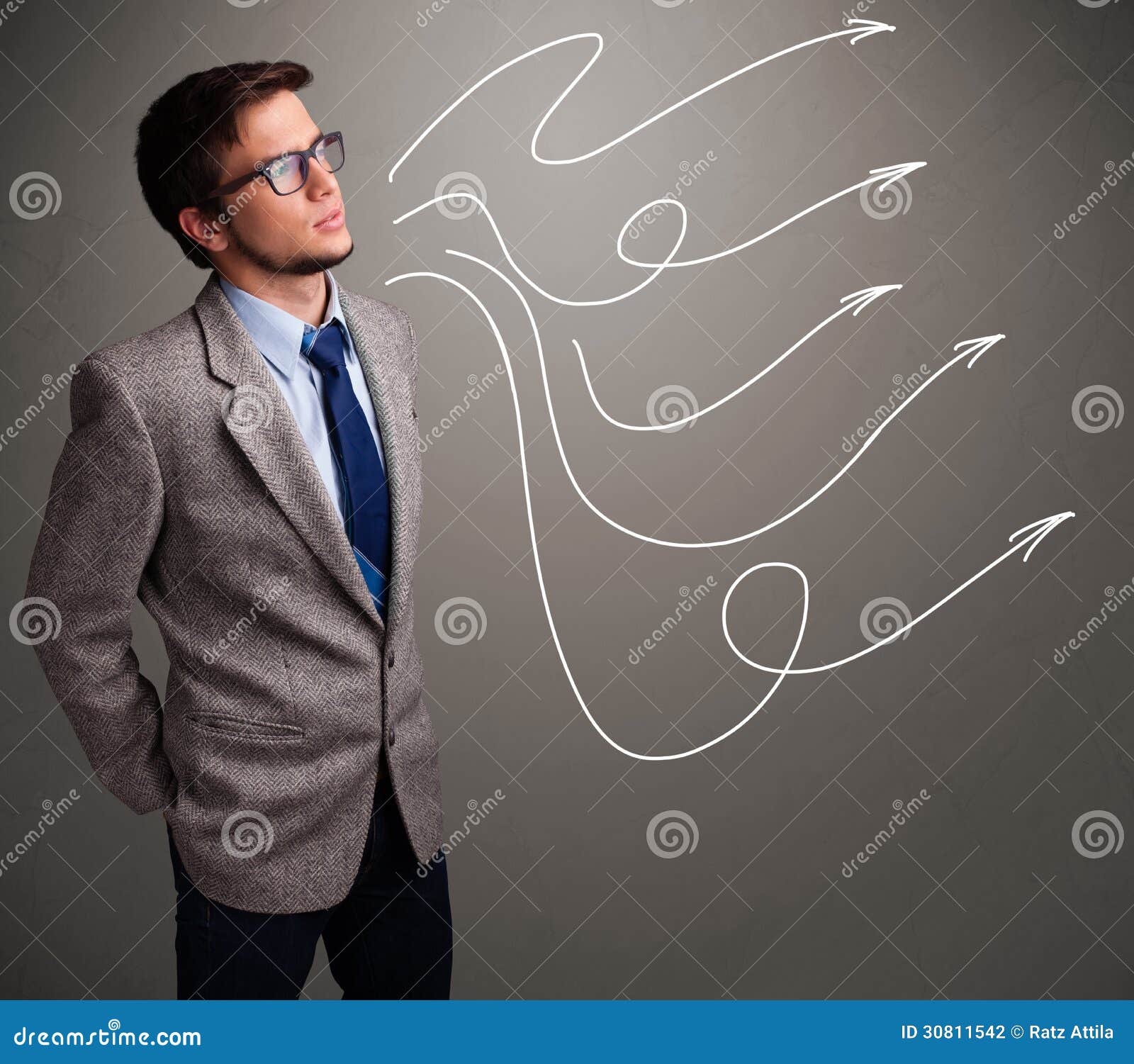 Attractive Man Looking at Multiple Curly Arrows Stock Photo - Image of ...