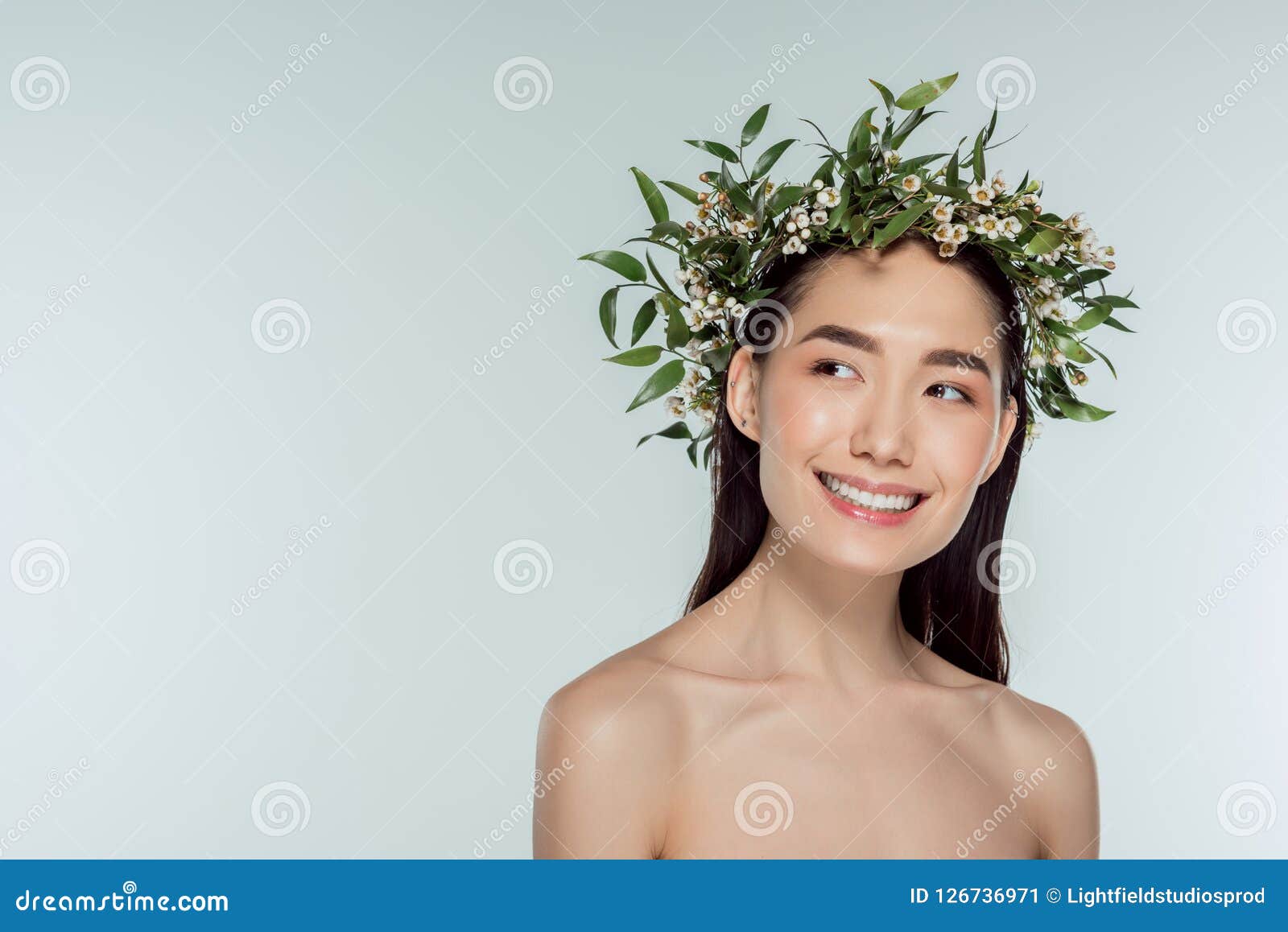Attractive Naked Asian Girl In Green Floral Wreath Stock Image Image