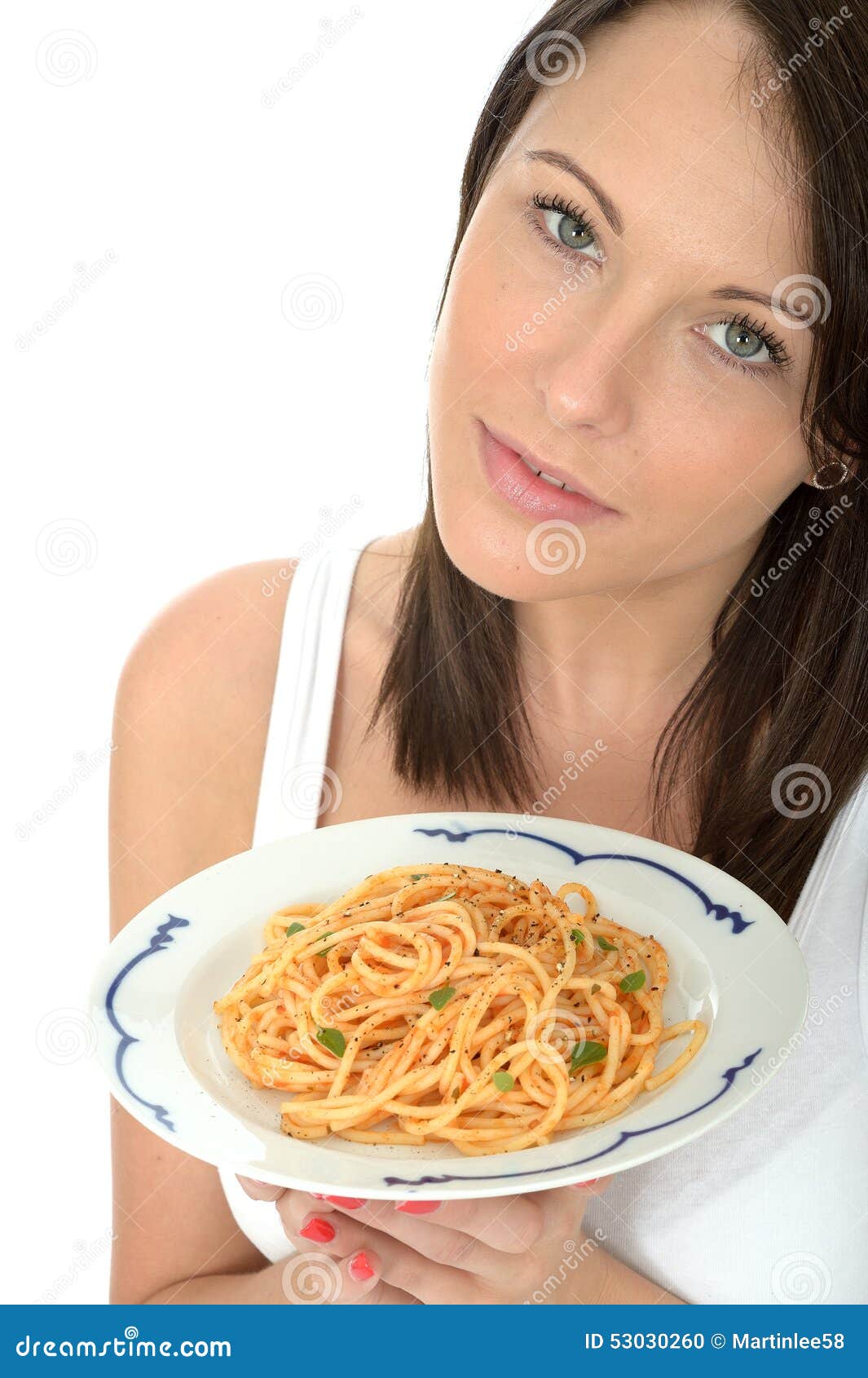 Attractive Natural Happy Young Woman Holding A Plate Of Italian
