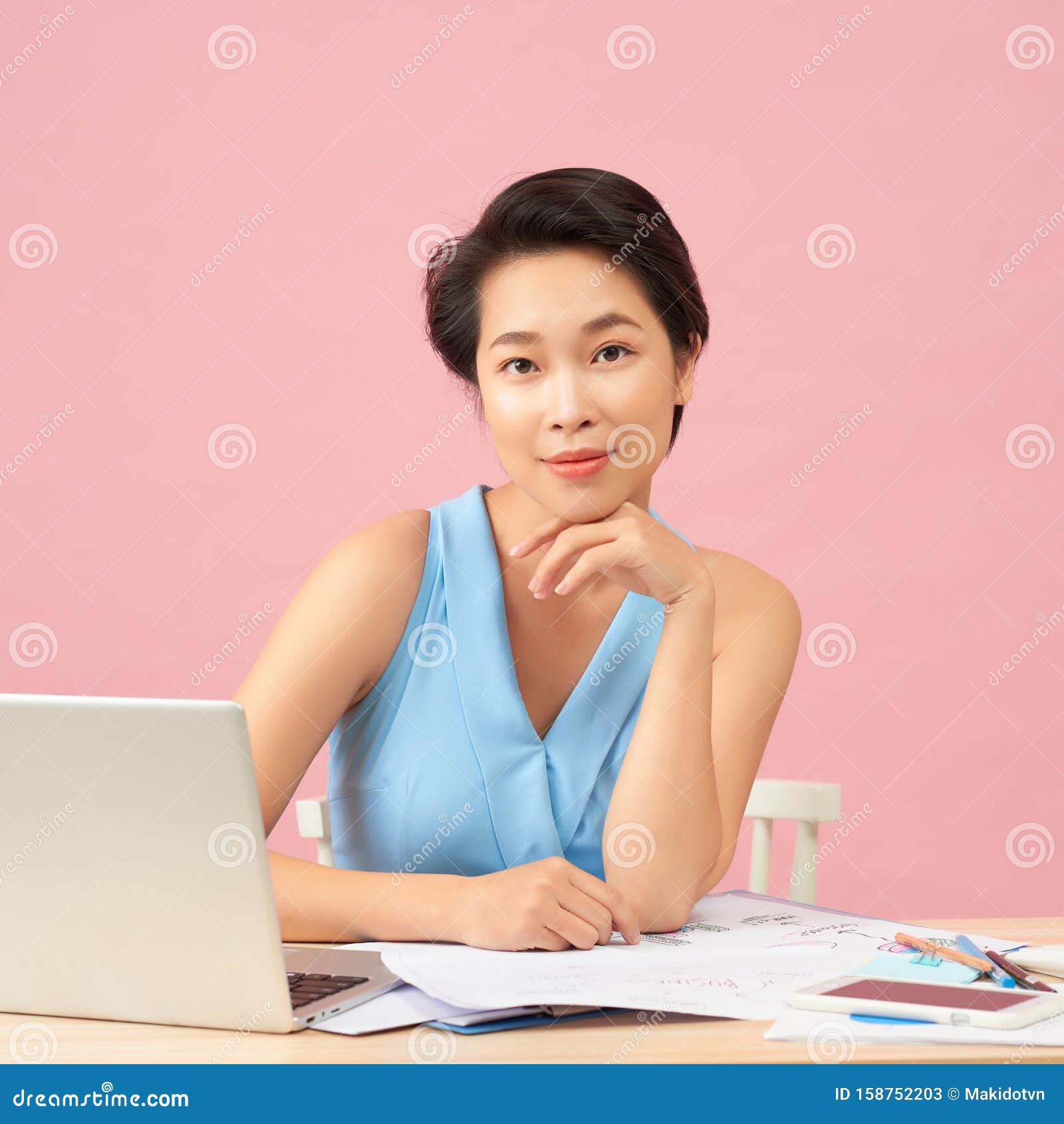 Attractive Office Worker Sitting at Desk Stock Image - Image of ...