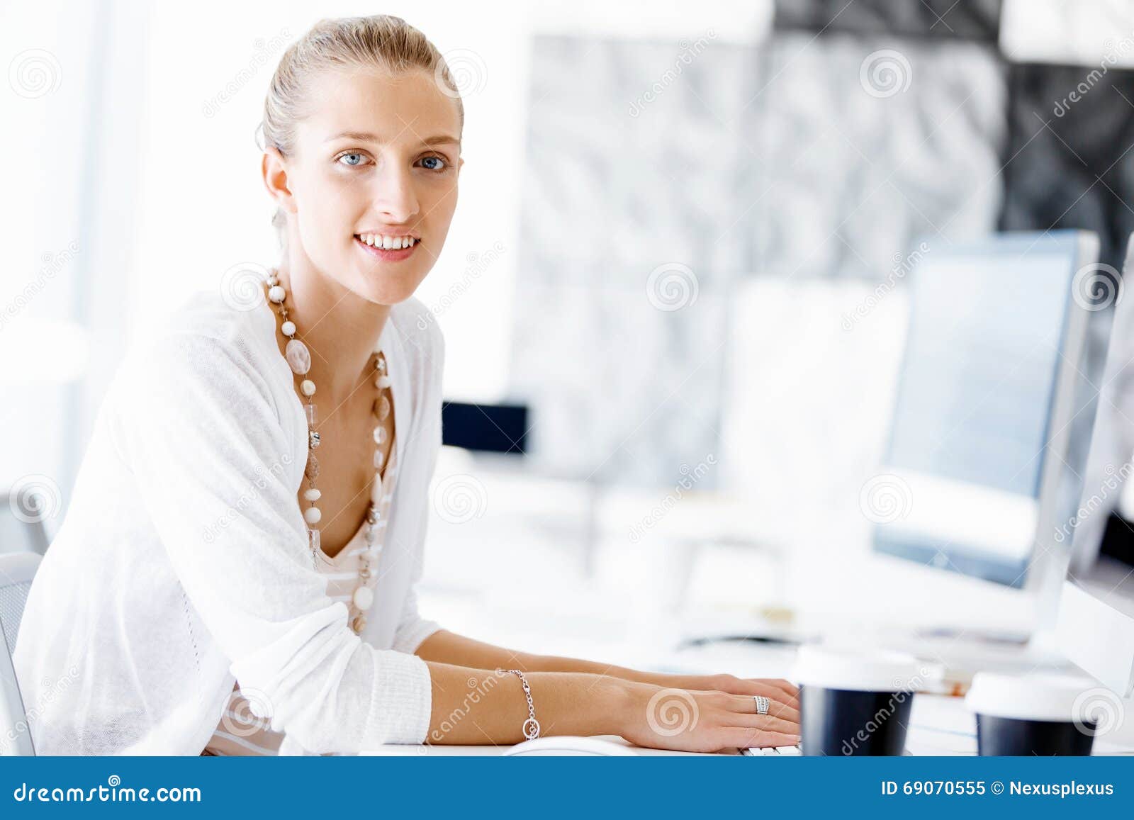 Attractive Office Worker Sitting at Desk Stock Image - Image of beauty ...