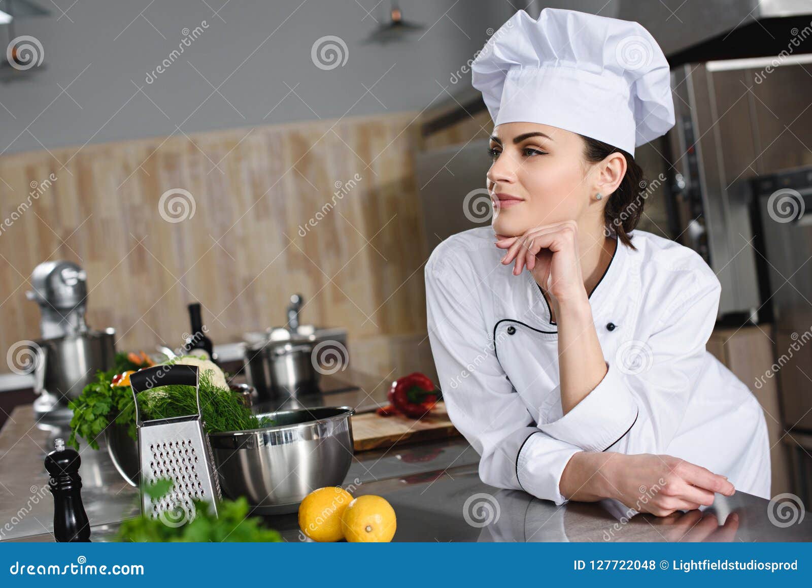Attractive Pensive Chef Looking Away Stock Photo - Image of cook ...