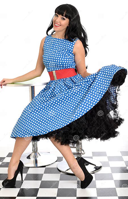 Attractive Happy Young Vintage Pin Up Model Posing In Retro Polka Dot