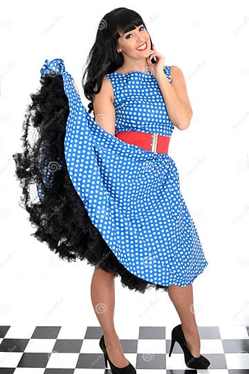 Attractive Happy Young Vintage Pin Up Model Posing In Retro Polka Dot