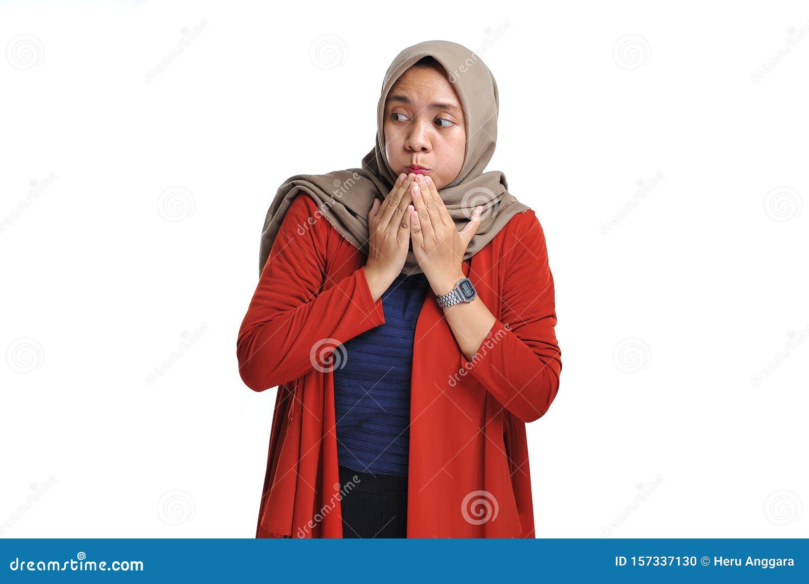 Attractive Shocked Expression Of Young Asian Woman Standing With Hijab