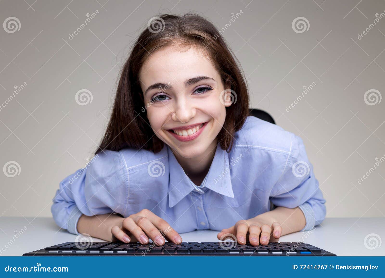 Attractive Smiling Female Using Keyboard Stock Image - Image of emotion ...