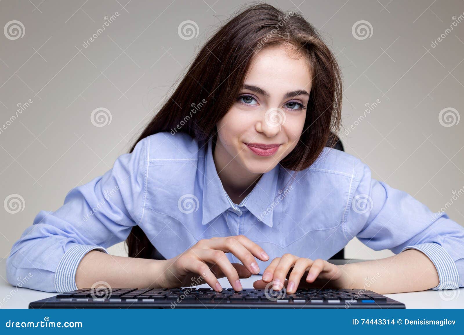 Attractive Smiling Woman Using Keyboard Stock Photo - Image of gadget ...