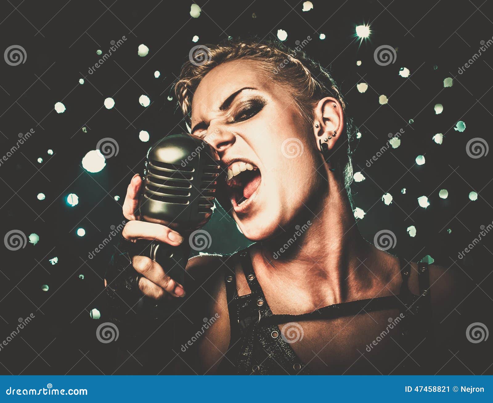 Girl Singer Singing Song Front Retro Microphone On Dark Stage While ...