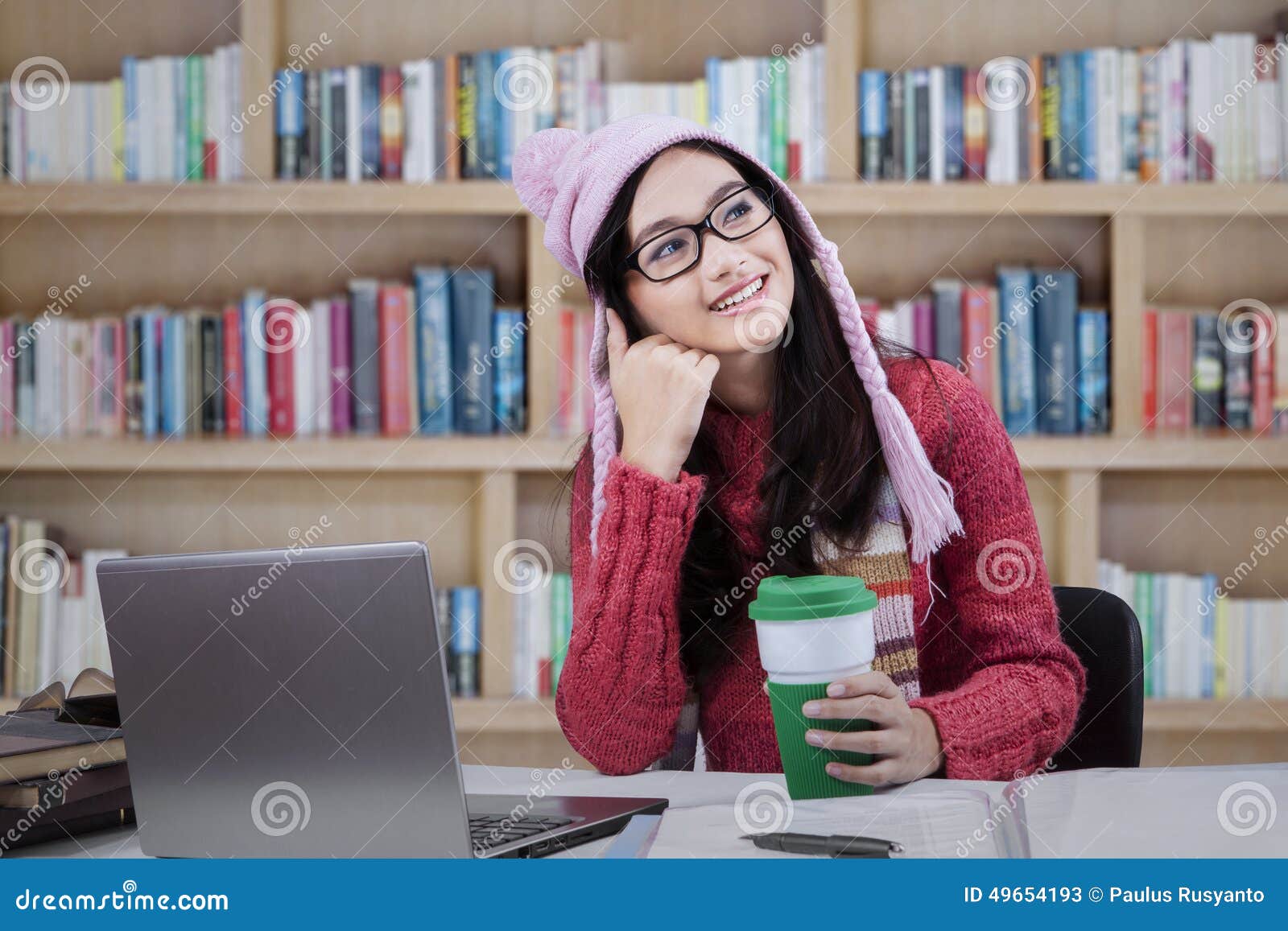 Attractive Student Dreaming in Library Stock Image - Image of ...