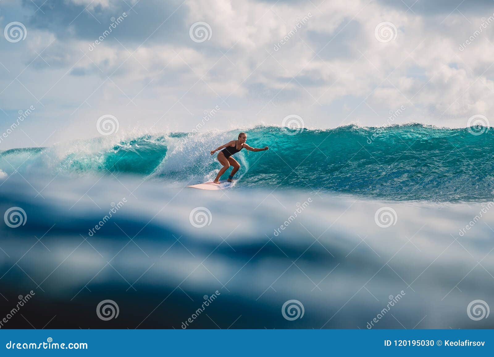 Surf Girl On Surfboard Woman In Ocean During Surfing Surfer And Ocean