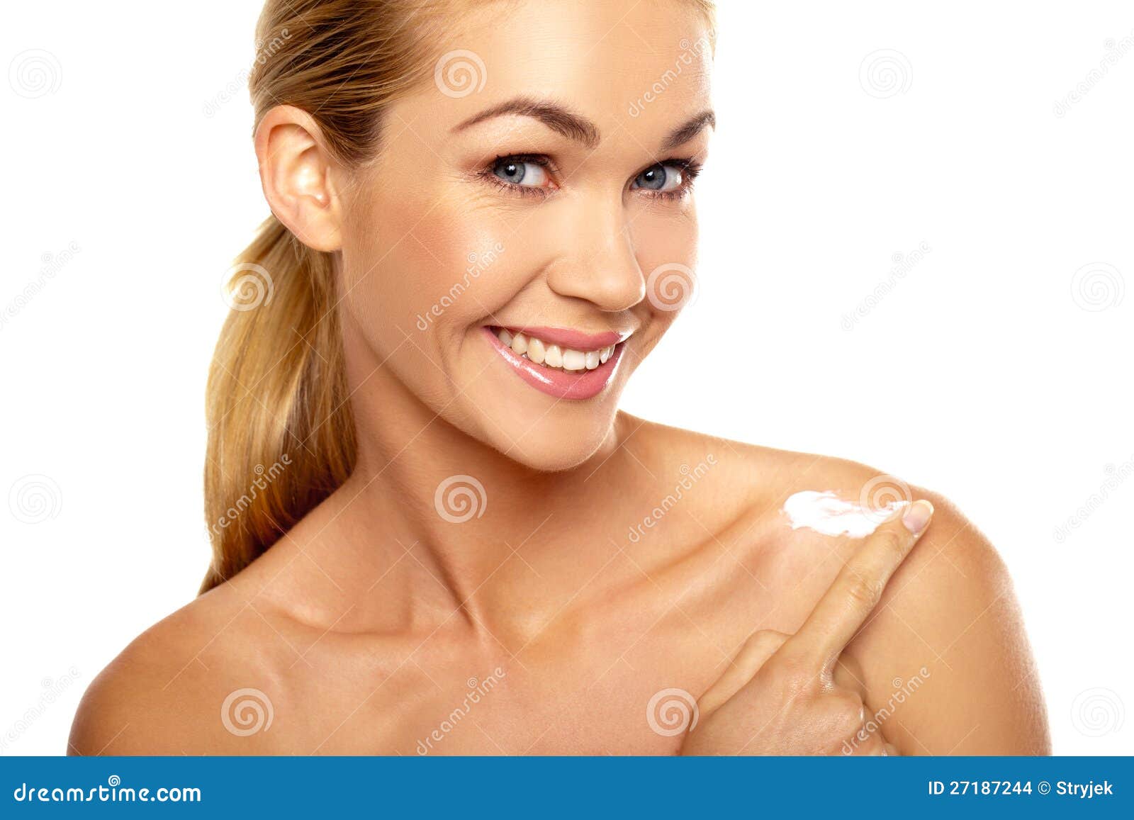 Attractive Woman Applying Moisturiser Stock Photo - Image of shoulders ...
