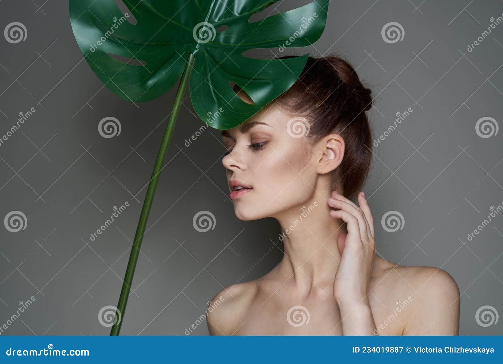 Attractive Woman Bare Shoulders Red Lips Posing Dark Background Stock