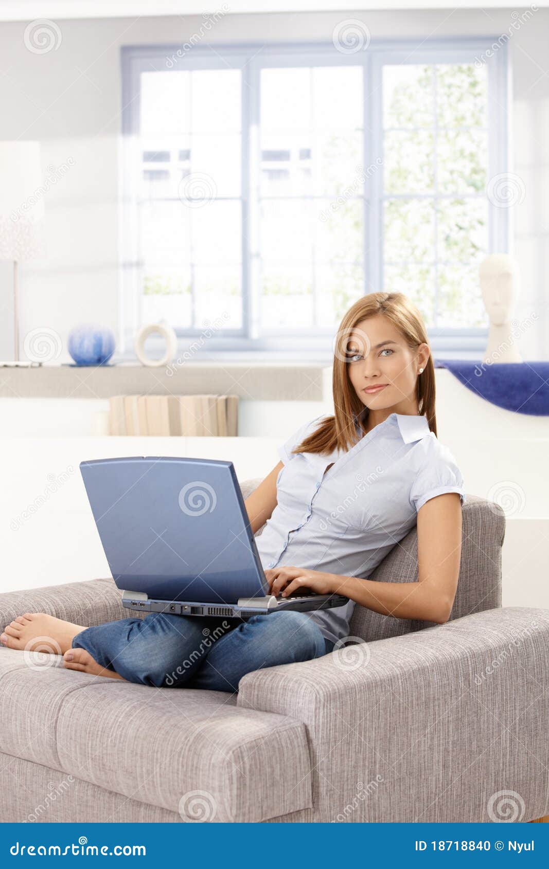 Attractive Woman Browsing Internet at Home Stock Photo - Image of good ...