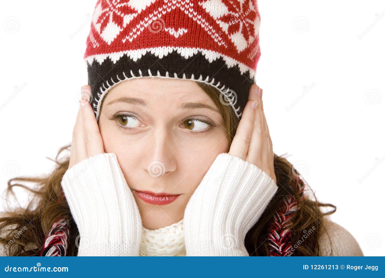 Attractive Woman with Cap and Scarf Holding Cheeks Stock Image - Image ...