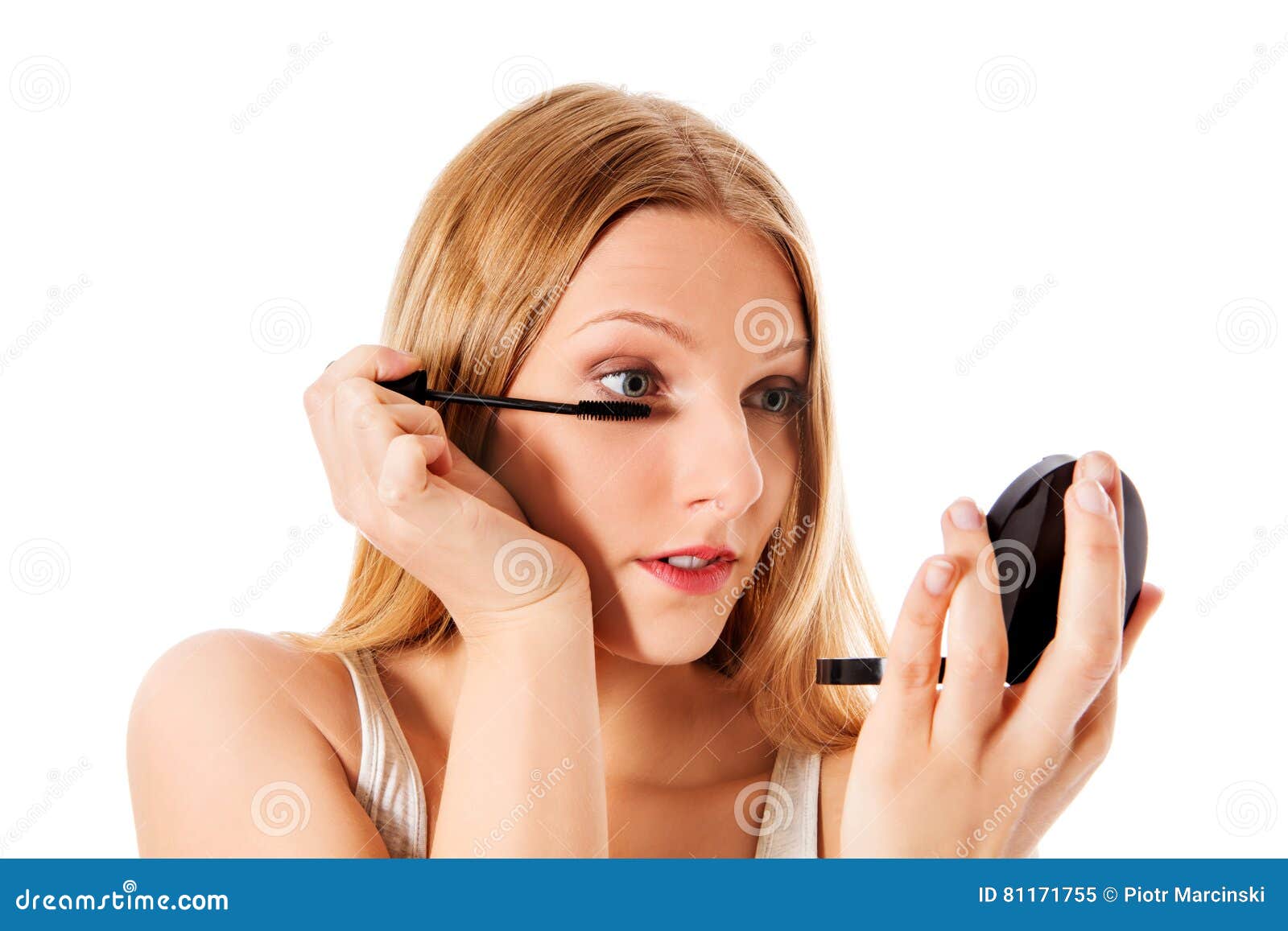 Attractive Woman Doing Make-up on Face. Isolated Stock Image - Image of ...