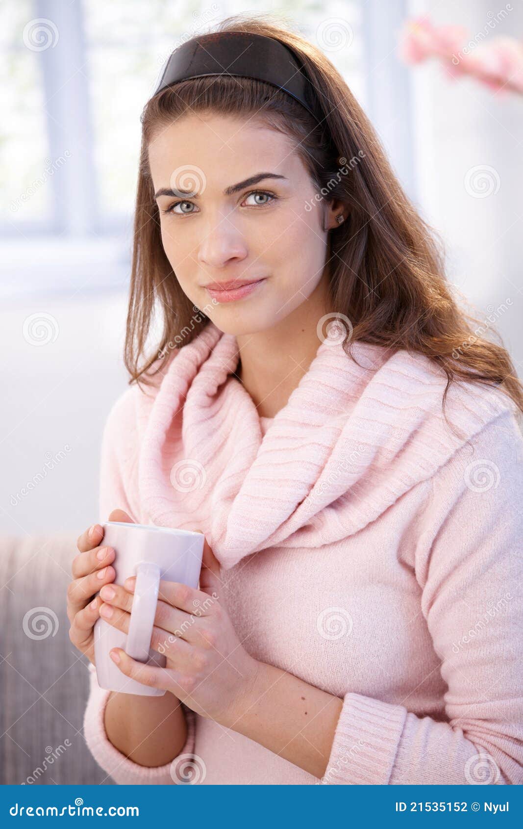 Attractive Woman Drinking Tea at Home Smiling Stock Photo - Image of ...