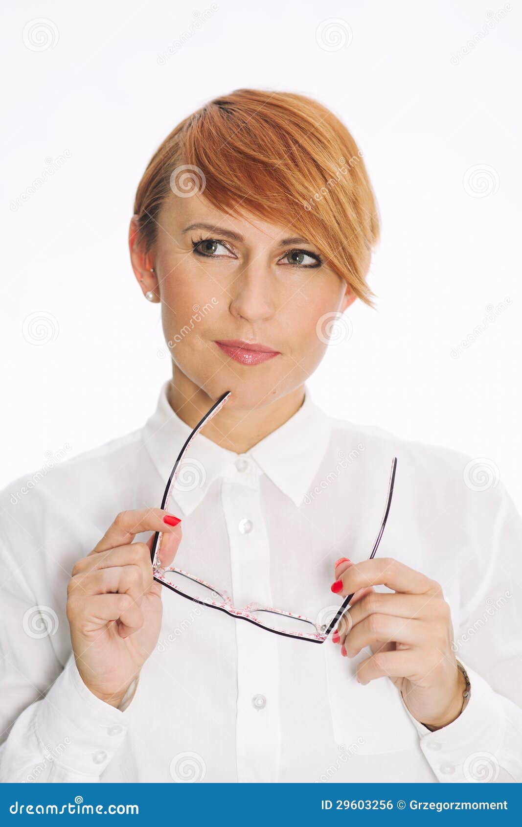Attractive Woman with Glasses Glancing Sideways Stock Photo - Image of ...
