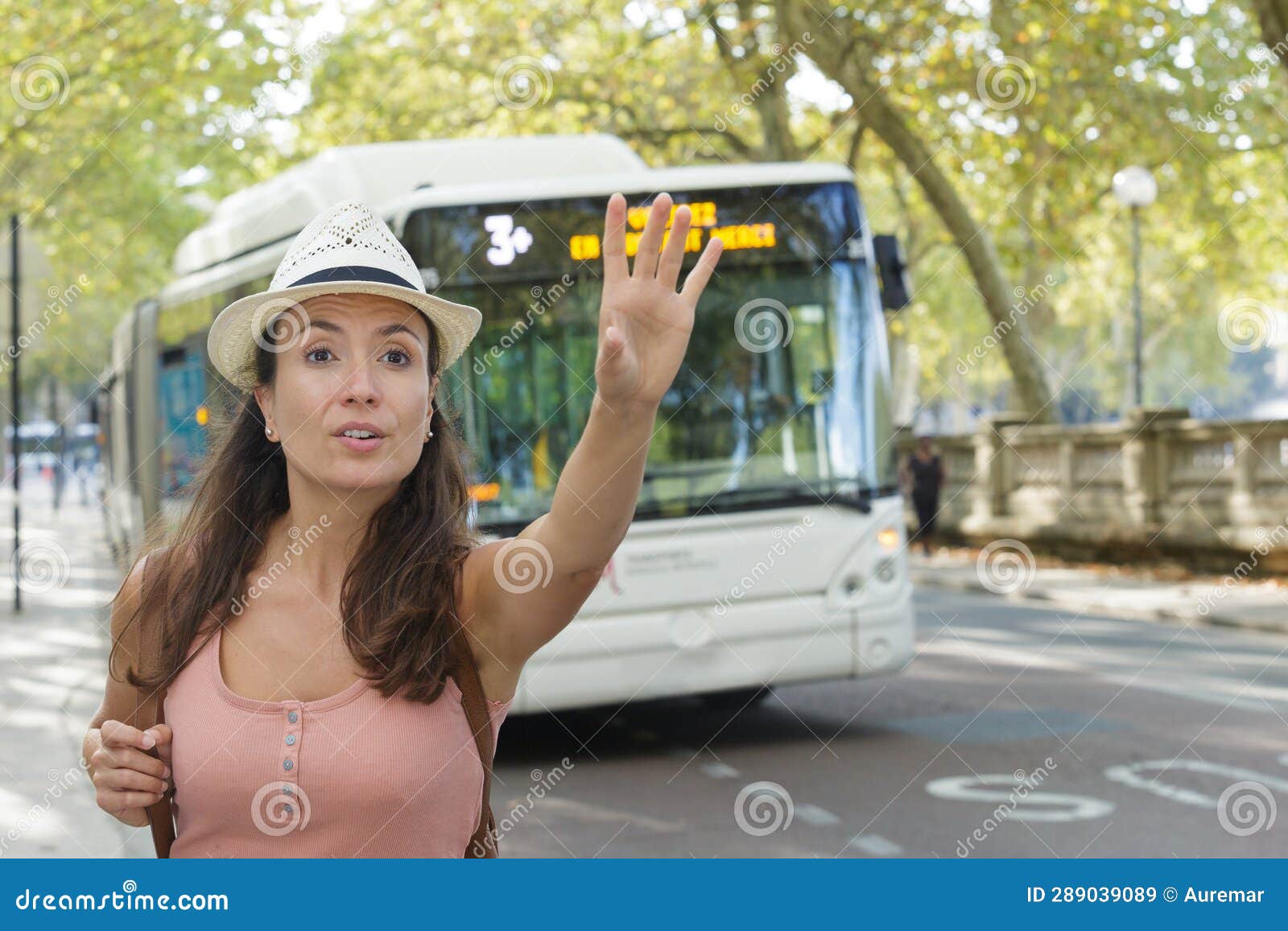 Attractive Woman Hailing Bus Stock Image - Image of adult, coach: 289039089