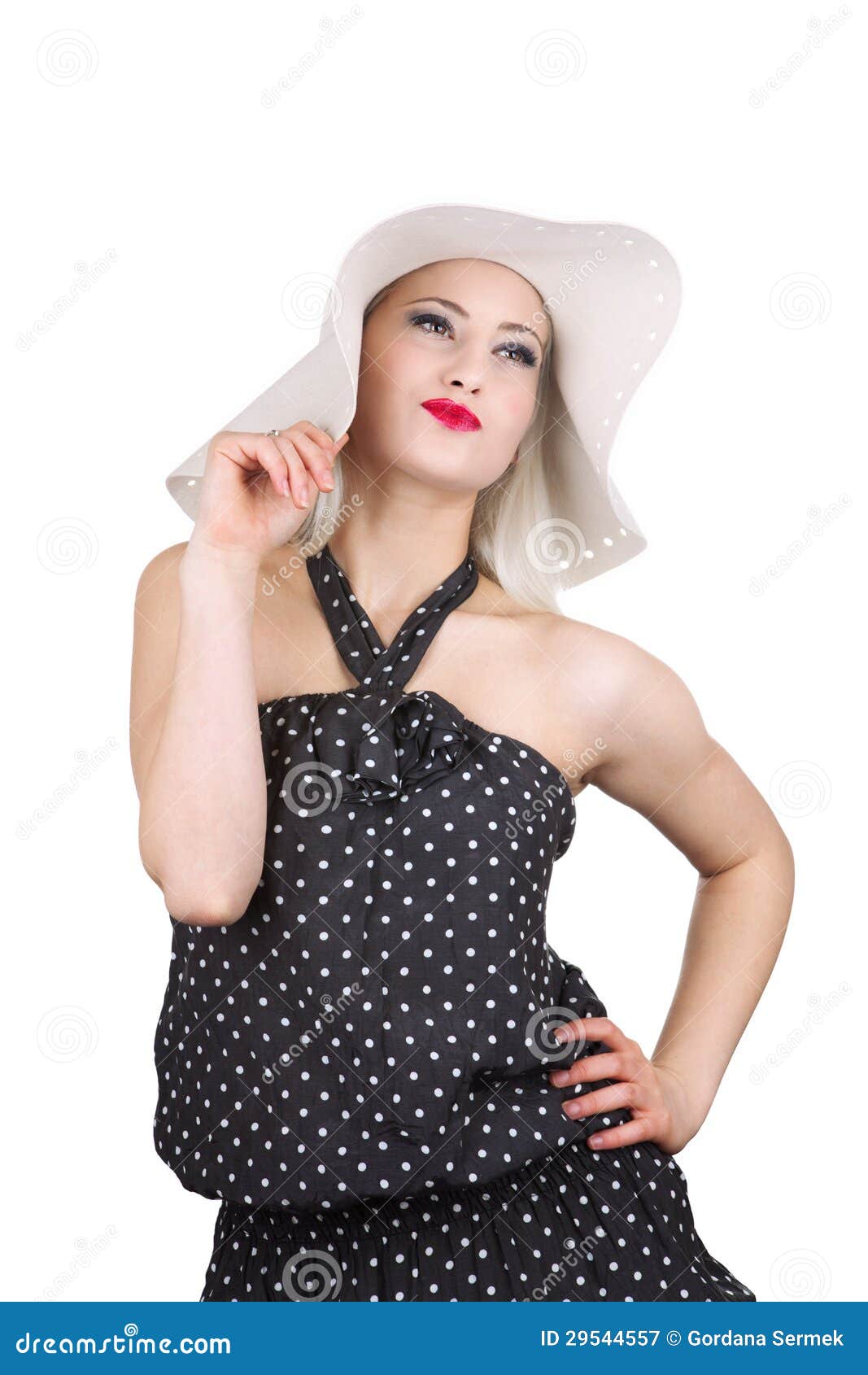 Attractive Woman in Hat and Dotted Dress Stock Image - Image of dots ...