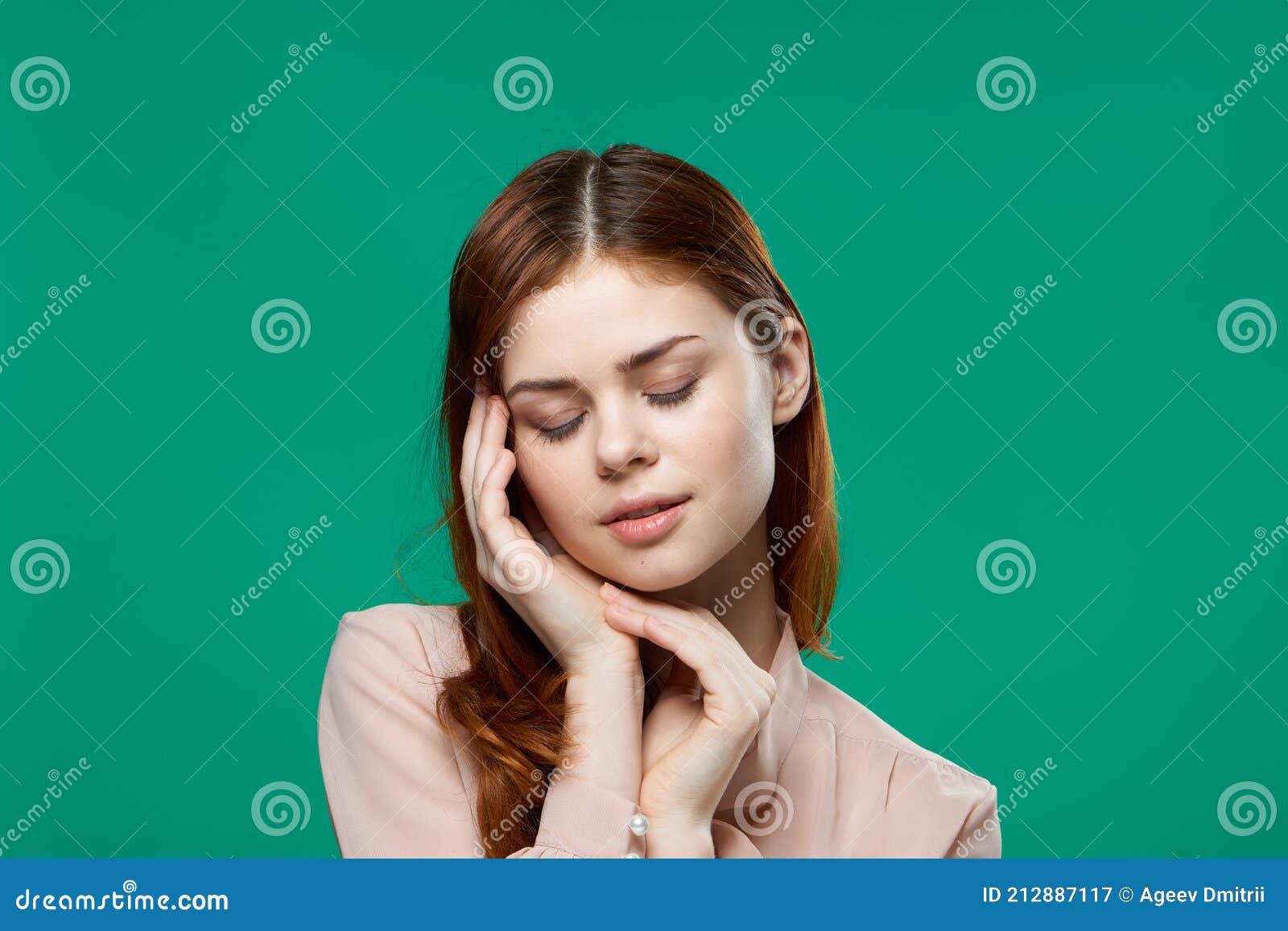 Attractive Woman Holding Hand Near Face Emotion Passion Model Green Background Stock Image