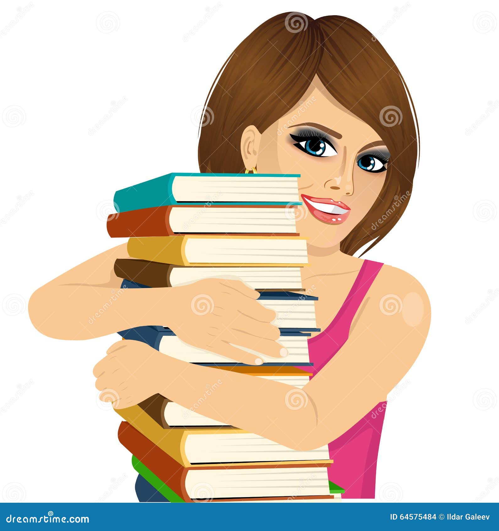 Attractive Woman Hugging Stack of Books Happily Stock Vector ...