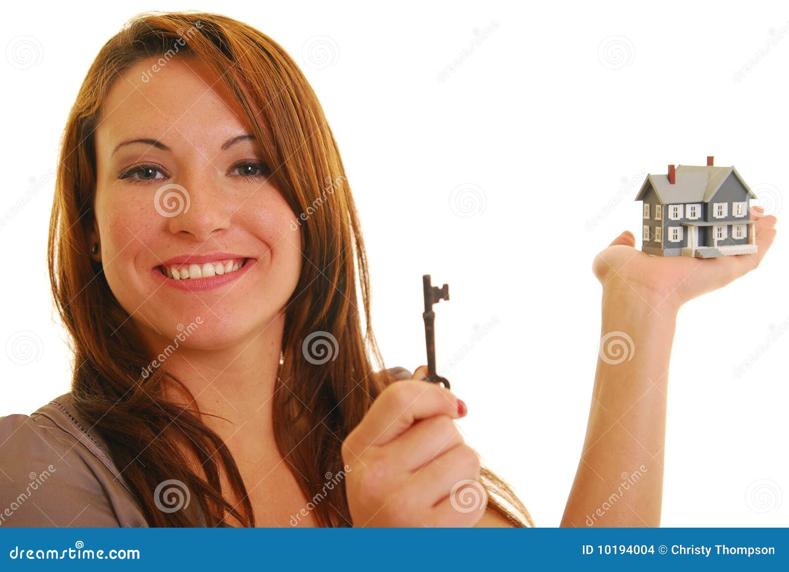 Attractive Woman with Key and Miniature House Stock Photo - Image of ...