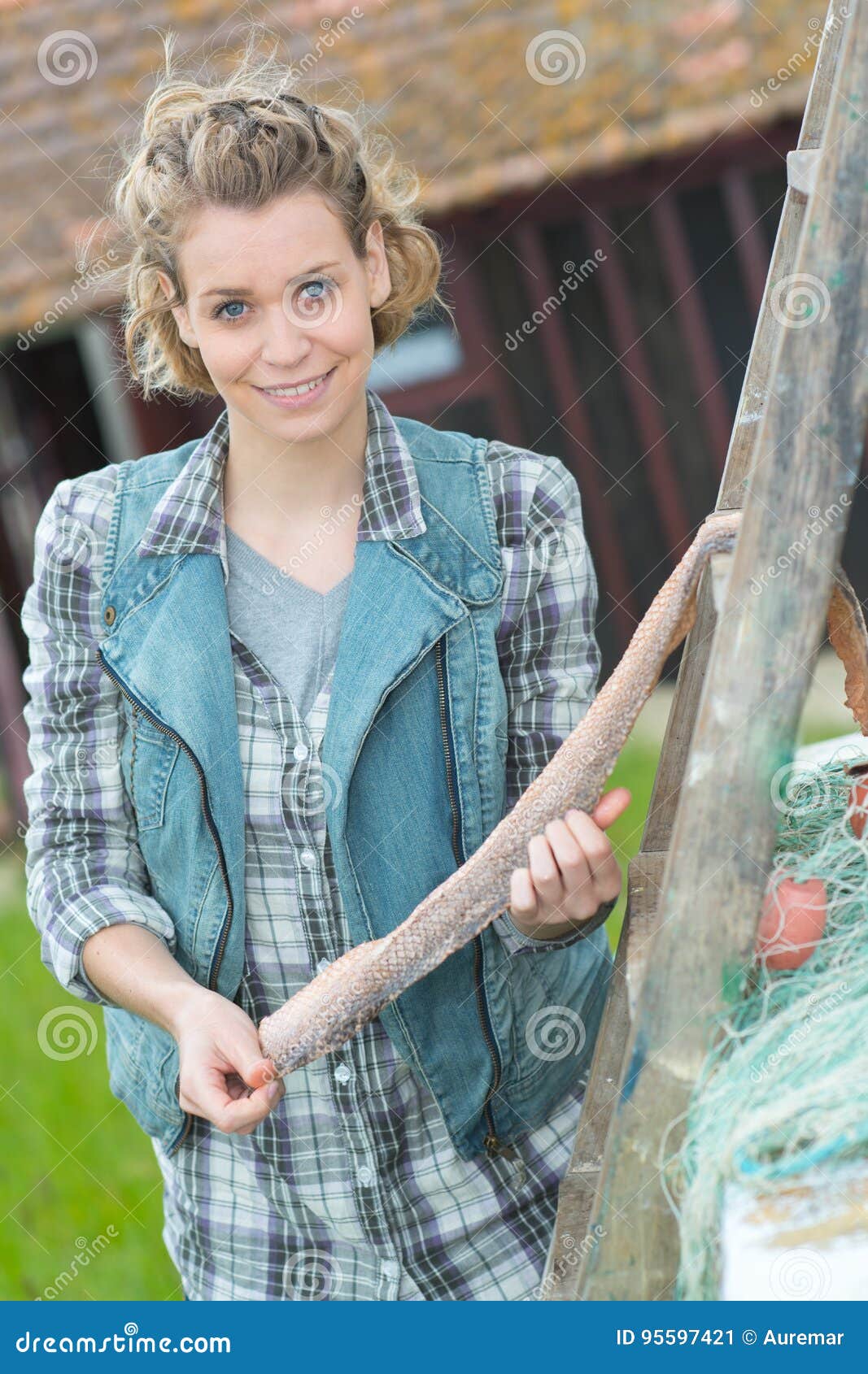 Attractive woman on ladder stock image. Image of beautiful - 95597421