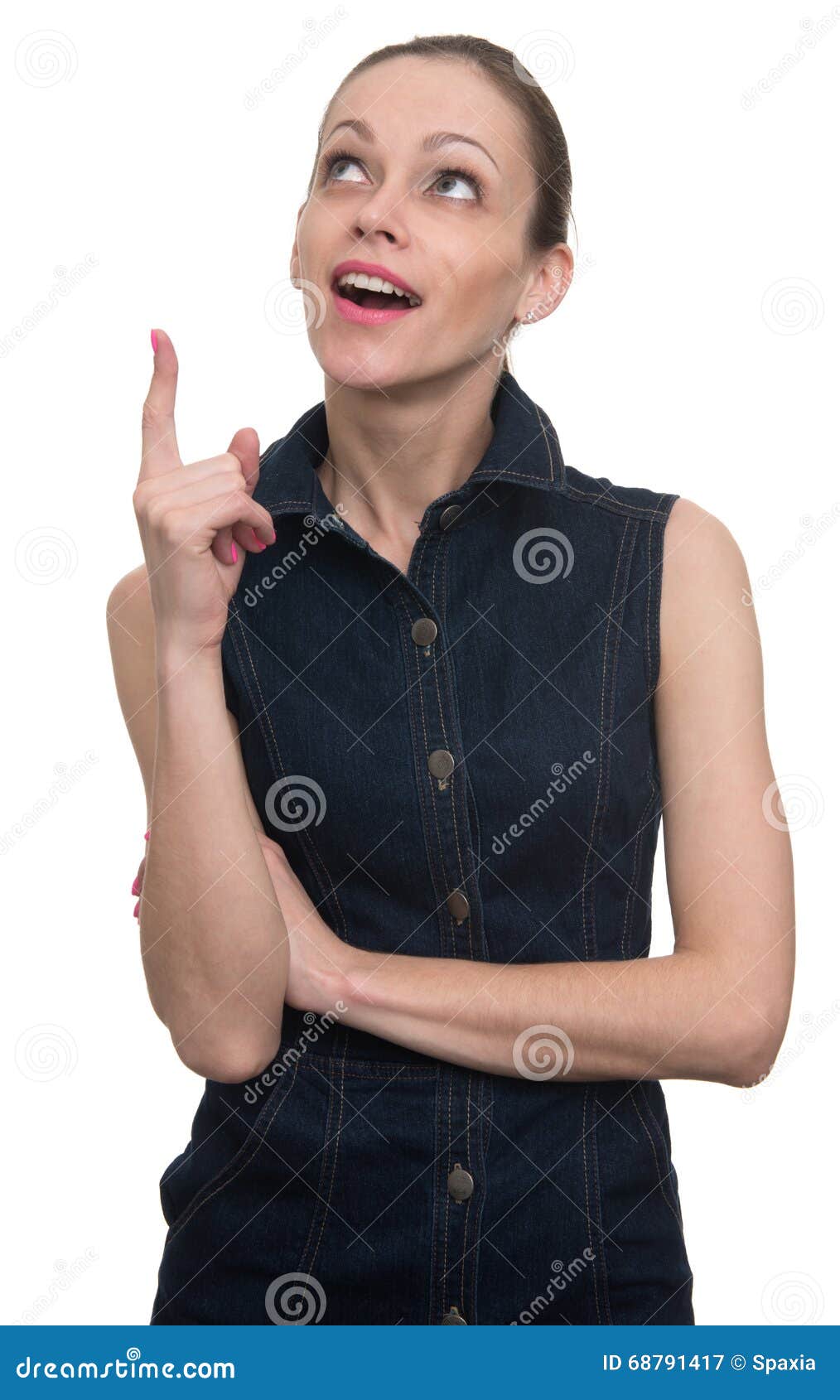 Attractive Woman Looking and Pointing Up Stock Image - Image of happy ...