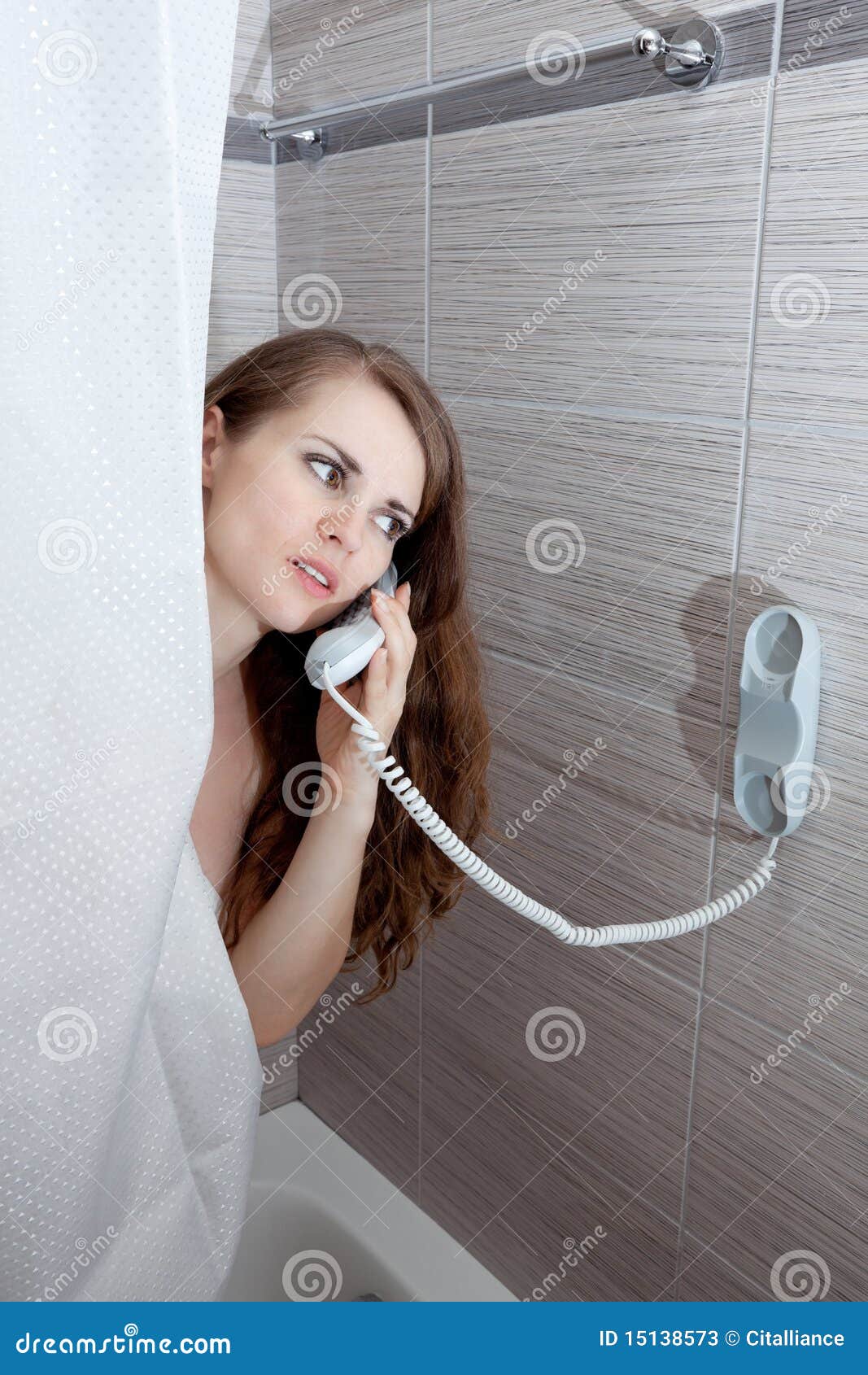 Attractive Woman Making Call in Bathroom Stock Image - Image of shower ...