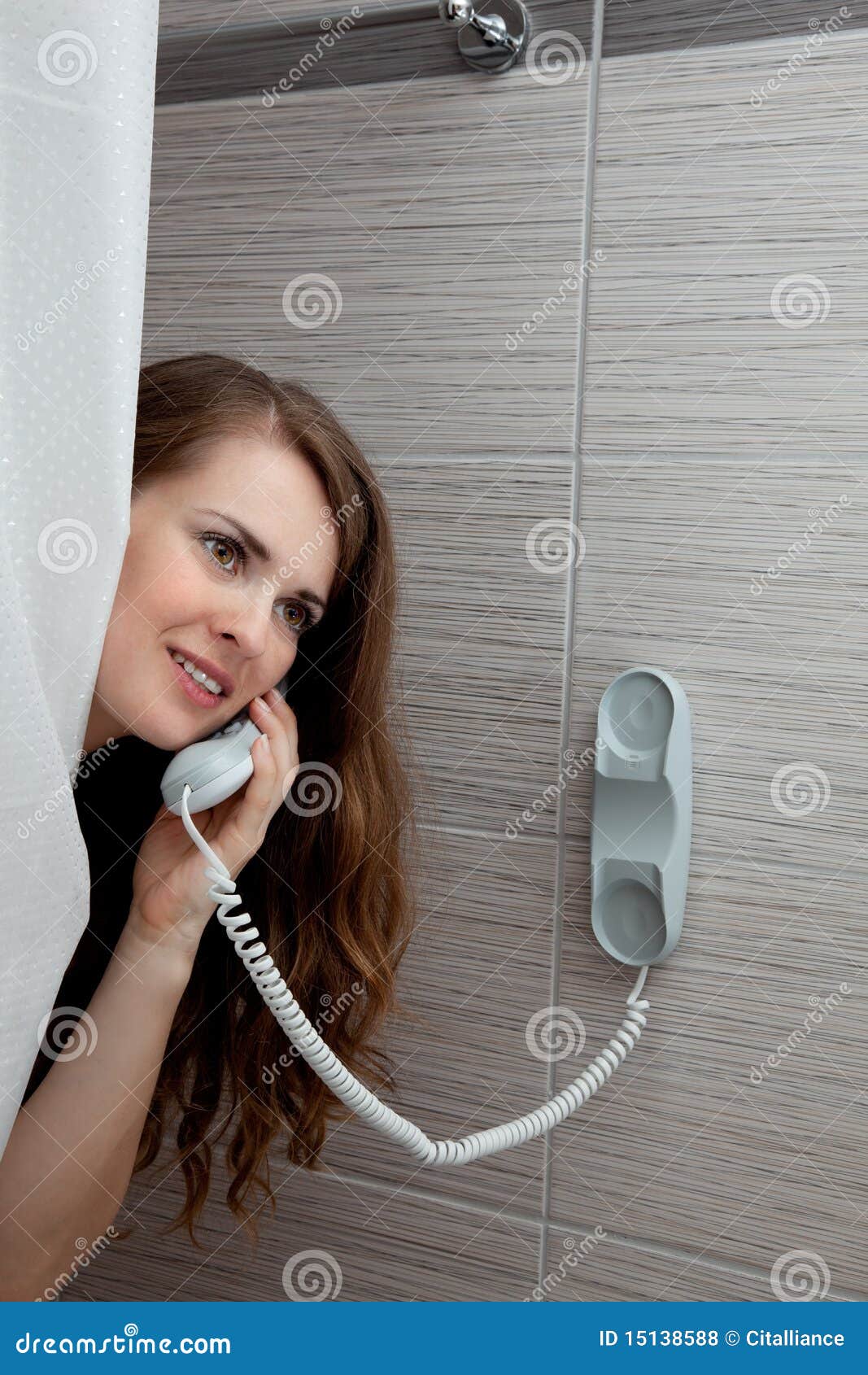 Attractive Woman Making Call in Bathroom Stock Photo - Image of curtain ...