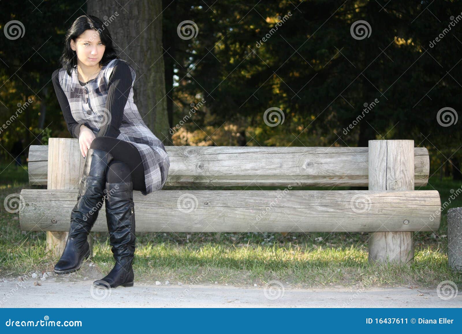 Attractive Woman Posing on Bench in Park Stock Image - Image of dress ...
