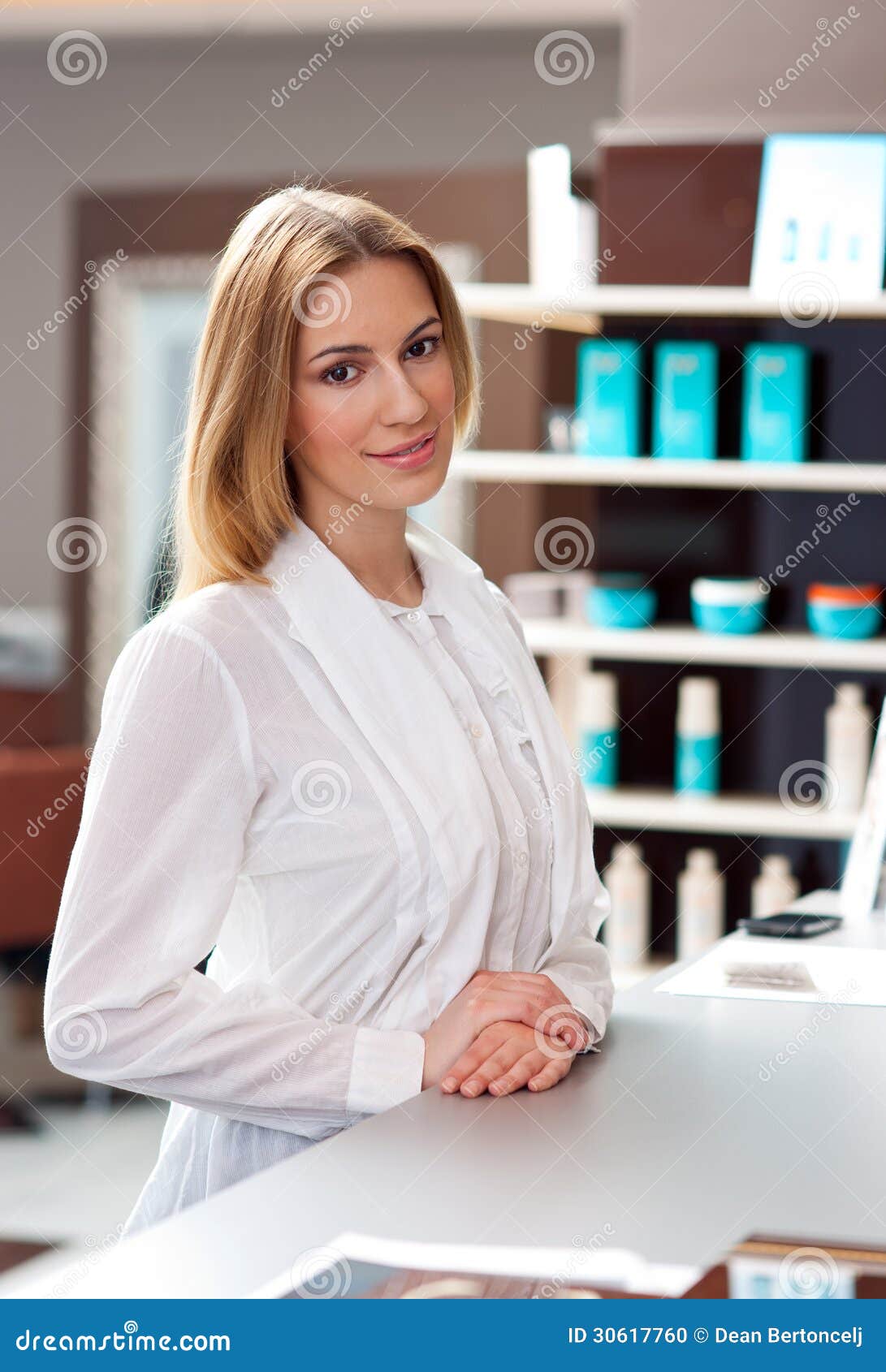 Attractive Woman Receptionist Stock Photo - Image of entrance, female ...
